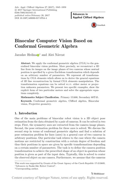 Binocular Computer Vision Based On Conformal Geometric Algebra Request Pdf
