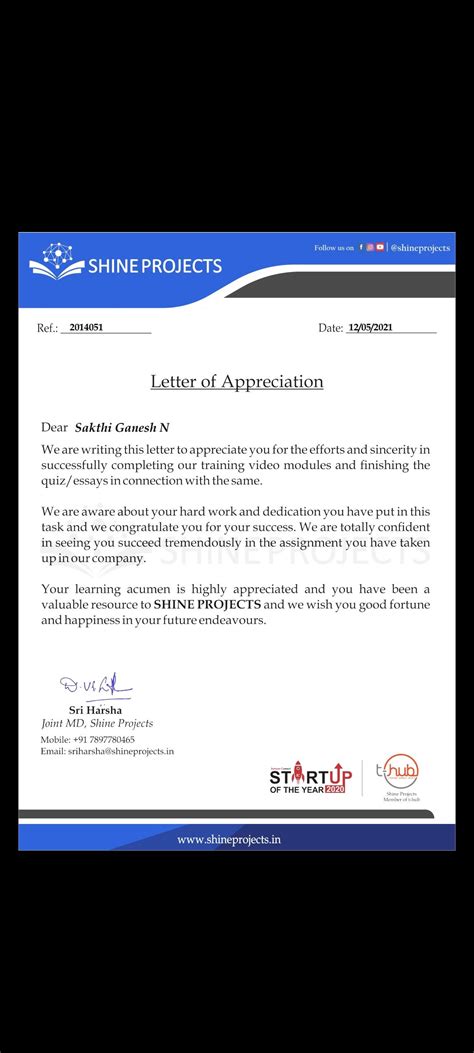Sakthi Ganesh On Linkedin Thank You Shine Projects And Sir Venkata Sri Harsha For Letter Of