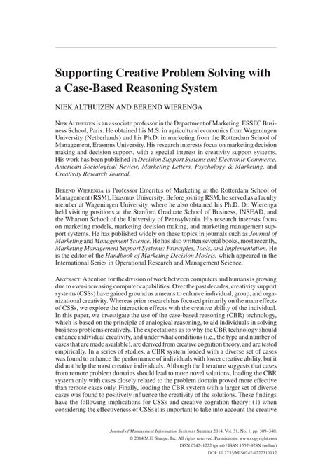 Pdf Supporting Creative Problem Solving With A Case Based Reasoning System