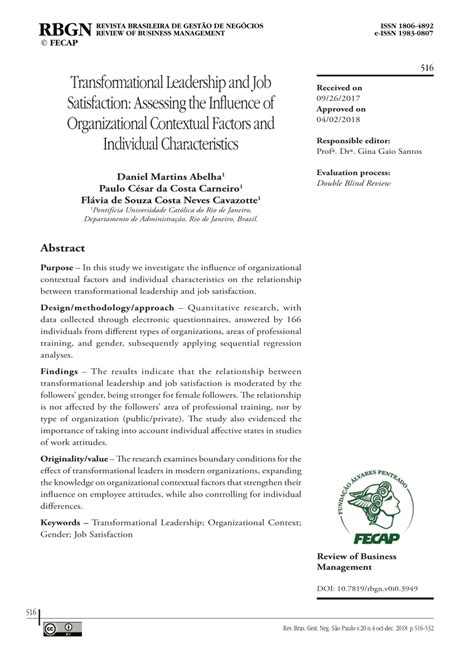 Pdf Transformational Leadership And Job Satisfaction Assessing The