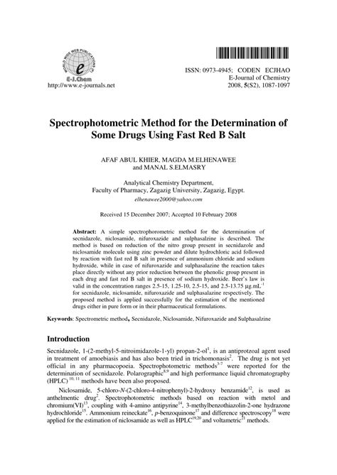 Pdf Spectrophotometric Method For The Determination Of Some Drugs Using Fast Red B Salt