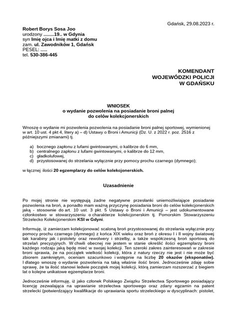 Wniosek O Pozwolenie Na Bron Do Celow Kolekcjonerskich Pdf