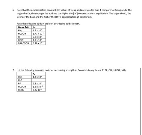 Solved 6 Note That The Acid Ionization Constant K Values