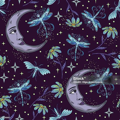 Seamless Pattern With Crescent Moon With Face Fantasy Pixie Dragonfly Chamomile Stars