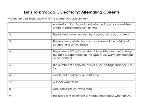 Electricity Alternating Current Vocabulary Worksheet Electrician