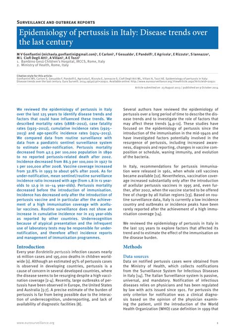 Pdf Epidemiology Of Pertussis In Italy Disease Trends Over The Last Century
