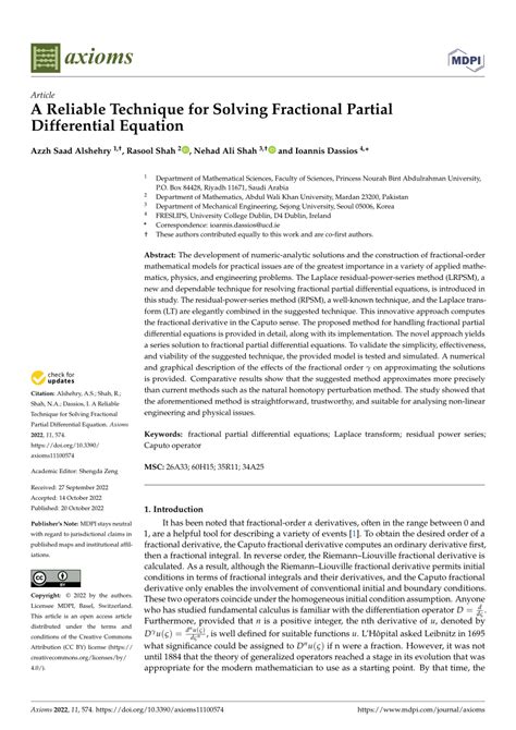 Pdf A Reliable Technique For Solving Fractional Partial Differential