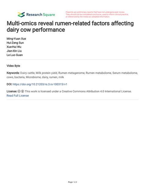 Pdf Multi Omics Reveal Rumen Related Factors Affecting Dairy Cow
