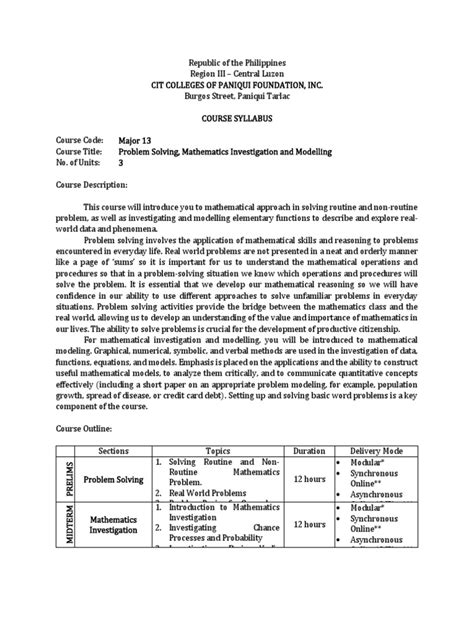 Problem Solving Mathematics Investigation And Modelling Course