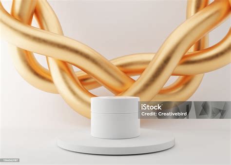 화이트와 블랭크 무브랜드 화장품 크림 항아리는 추상적인 황금 스플래시와 연단에 서 흰색 배경에 스킨 케어 제품 프리젠 테이션 럭셔리 모형 스킨케어 뷰티 스파 3d 렌더링 3