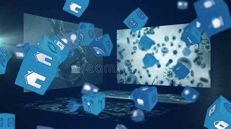 Animating Blue Social Media Icons Over Scientific Research Screens In