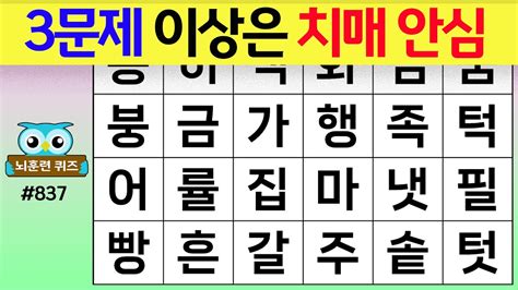 3문제 이상은 치매 안심 837 숨은단어찾기치매예방퀴즈치매테스트치매예방활동단어퀴즈치매예방낱말퀴즈 Youtube