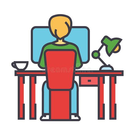 Young Man Working On Computer Sitting Behind The Office Desk Concept Stock Vector