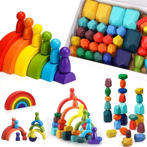 Toy Life 38 Pcs Wooden Rainbow Stacking Toys Montessori Toys For 3 4 Years Old