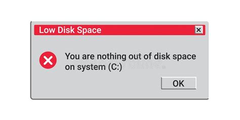 low disk space message memory error in red colors stock illustration