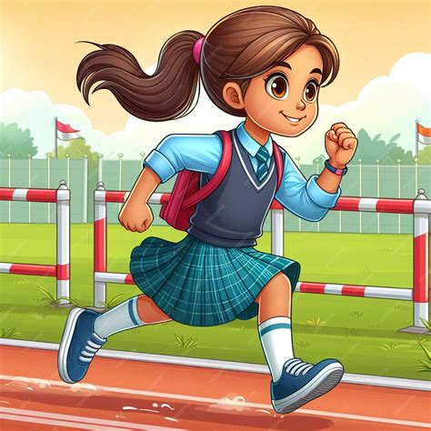A Cartoon Illustration Of A Girl Running On A Track With A School