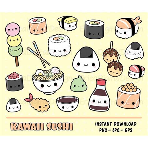 Sushi Kawaii Clipart Bundle Cute Sushi Clip Art Onigiri Nigi Inspire
