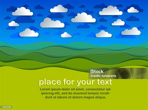 녹색 잔디 초원 및 하늘에 구름의 아름 다운 자연 풍경 만화 종이 컷 현대 스타일 벡터 일러스트 레이 션 0명에 대한 스톡 벡터