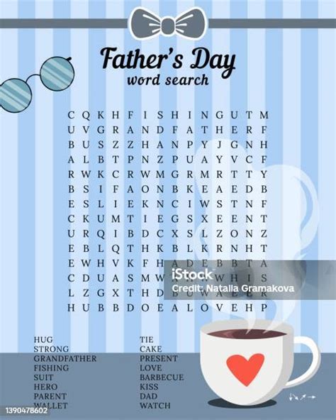 아버지의 날 단어 검색 퍼즐 소셜 미디어 게시물에 적합한 휴일 크로스 워드 퀴즈 게임 파티 카드 어버이 날에 대한 스톡 벡터