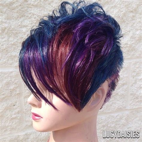 Pixie Cut And Vibrant Blue Red And Violet Color Blocking Hair Inspiration Beautiful Hair