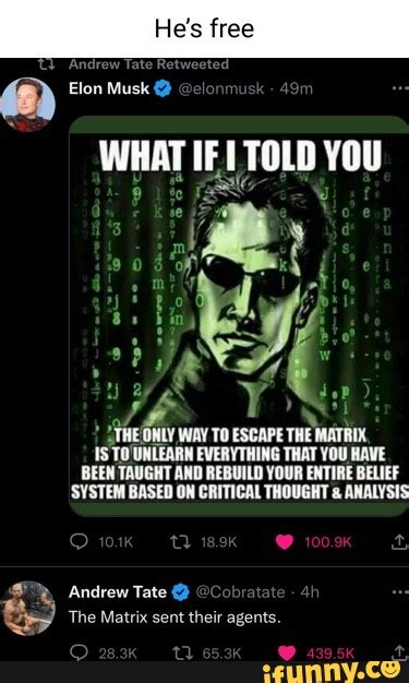He's free Elon Musk @ WHAT IF TOLD YOU jep ) THEONLY WAY TO ESCAPE THE MATRIX. TO UNLEARN ...