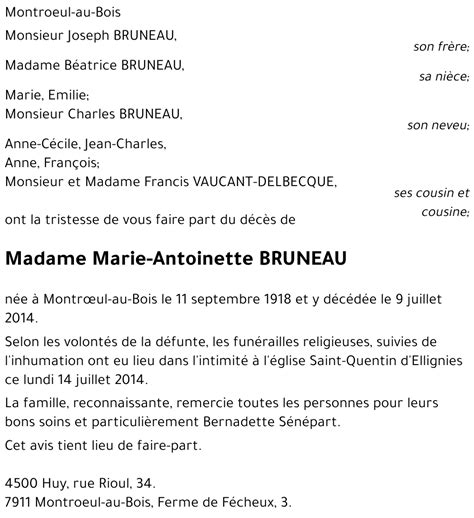 Avis De Décès De Marie Antoinette Bruneau Décédé Le 09072014 à