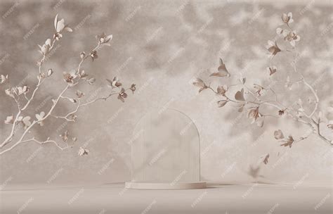 3d 베이지색 연단 또는 무대와 꽃 목업 스탠드 제품 장면 배경입니다 3d 연단 무대 프리미엄 사진