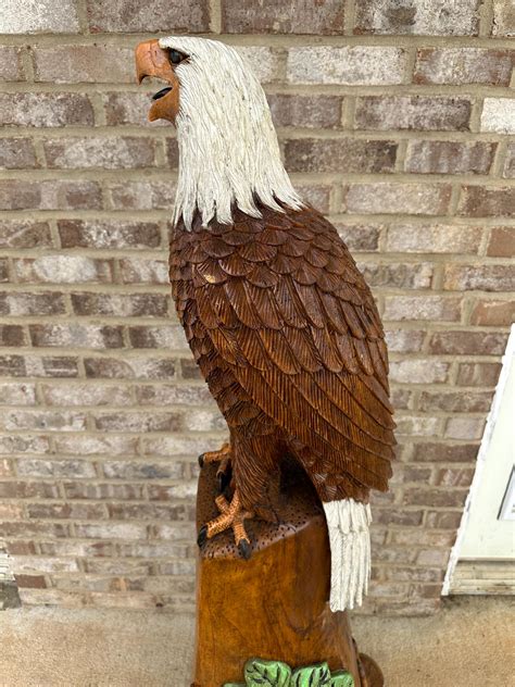 Incredible Large 53” Hand Carved Teak Wood Bald Eagle Statue Sculpture