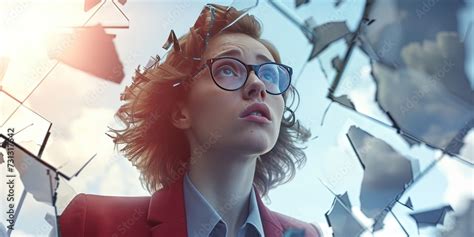 Woman Breaking Through The Glass Ceiling Concept With Broken Glass