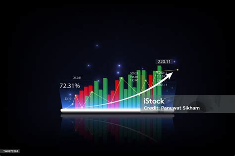통계의 성장 가상 홀로그램을 보여주는 태블릿 그래프와 어두운 배경에 화살표가 있는 차트 주식 시장 사업 성장 기획 및 전략 개념 벡터 일러스트 레이 션 Eps10 0명에