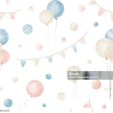 공기 풍선과 색종이가있는 패턴 손으로 그린 수채화 생일 포장지 또는 파티 디자인을위한 완벽한 배경 흰색에 파스텔 색상으로 그리기 수채화 물감에 대한 스톡 벡터 아트 및 기타