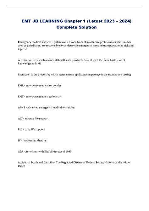 EMT JB LEARNING Chapter 1 Latest 2023 2024 Complete Solution EMT JB LEARNING Stuvia US
