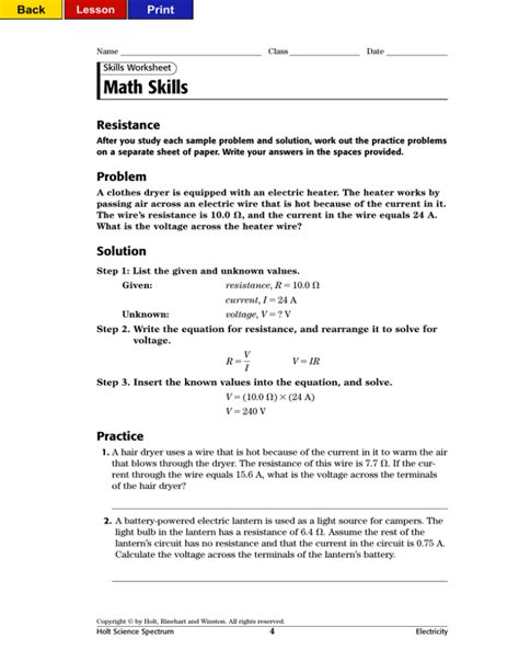 Resistance Math Skills Worksheet Electricity Problems