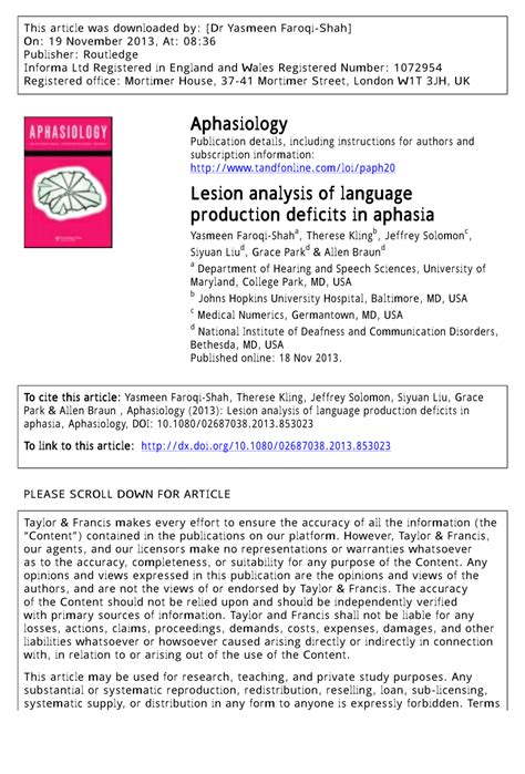 Pdf Lesion Analysis Of Language Production Deficits In Aphasia