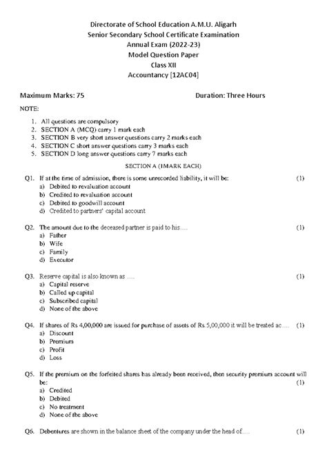 2021 Amu Pyqs Of Past 4 Years Directorate Of School Education A M Aligarh Senior Secondary