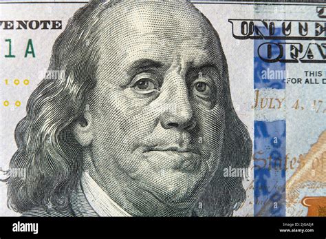 Benjamin Franklins Face On The Us 100 Dollar Bill Closeup Of Ben