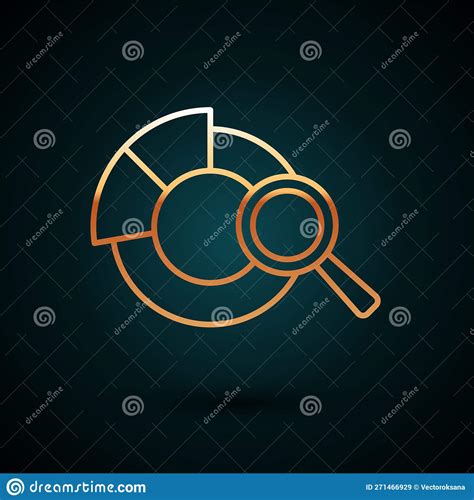 gold line magnifying glass and data analysis icon isolated on dark blue