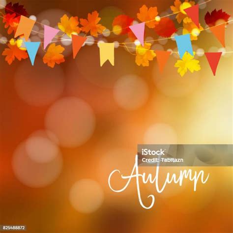 가가 배경 단풍나무와 오크 잎 및 Bokeh 빛 인사말 카드 화려한 파티 플래그 문자열 장식입니다 현대 흐리게 벡터 일러스트 레이 션 파티에 대한 스톡 벡터 아트 및 기타