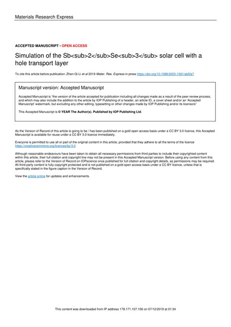 Pdf Simulation Of The Sb2se3 Solar Cell With A Hole Transport Layer