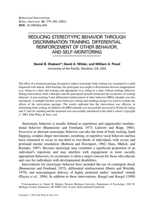 Pdf Reducing Stereotypic Behavior Through Discrimination Training