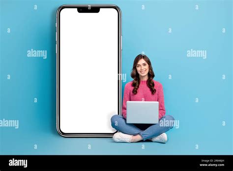 Full Length Photo Of Professional Lady Programmer Freelancer Sit With Laptop Near Huge Display