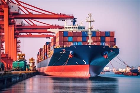 Premium Ai Image Dynamic Scene Of A Sea Port Where A Container Ship