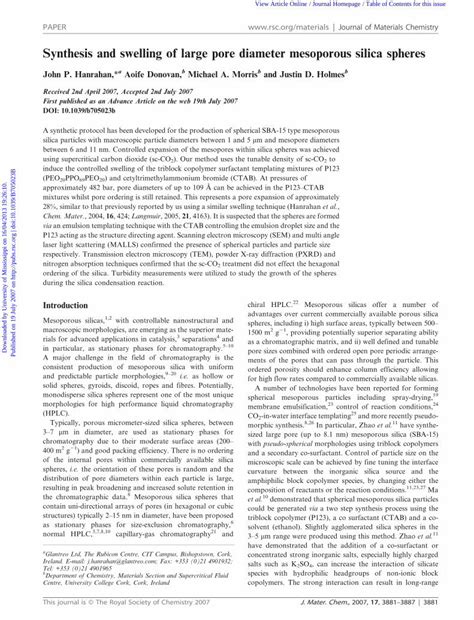 Pdf Synthesis And Swelling Of Large Pore Diameter Mesoporous Silica