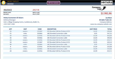 Invoice Excel Template With Customer Database Free Download