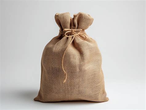 A Rustic Burlap Sack Tied Neatly Sitting On A White Surface Premium