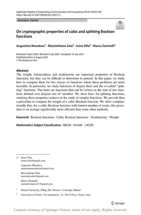 Pdf On Cryptographic Properties Of Cubic And Splitting Boolean Functions