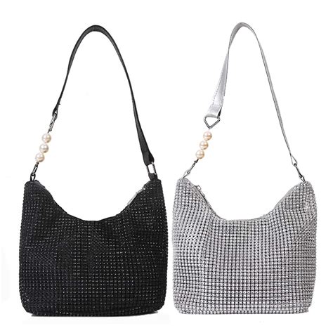Женская блестящая сумка через плечо однотонная со стразами модная с жемчугом сумочка на