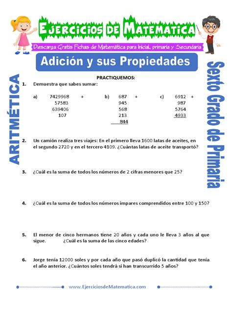 Ejercicios De Adicion Y Sus Propiedades Para Sexto De Primaria Pdf