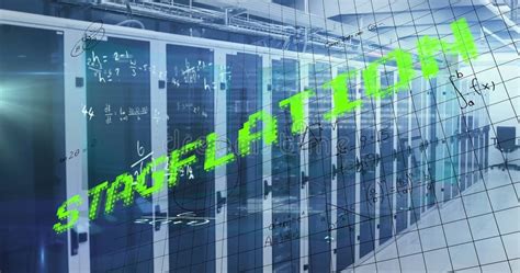 Image Of Data Processing And Stagflation Text Over Server Room Stock