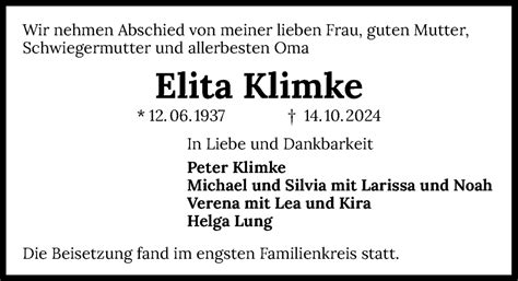 Traueranzeigen Von Elita Klimke Trauerundgedenken De